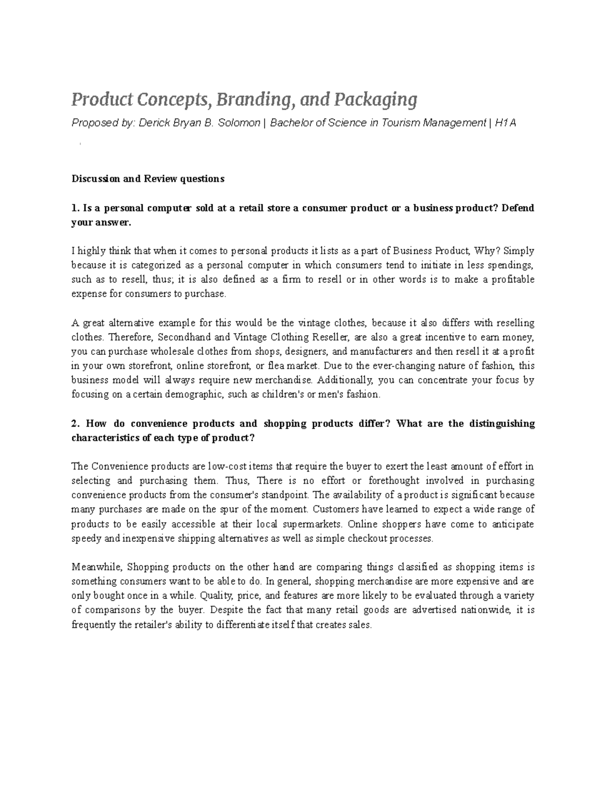 Solomon Ass2 H1A - Assignment on Business Marketing: Product Concepts, Branding, and Packaging ...