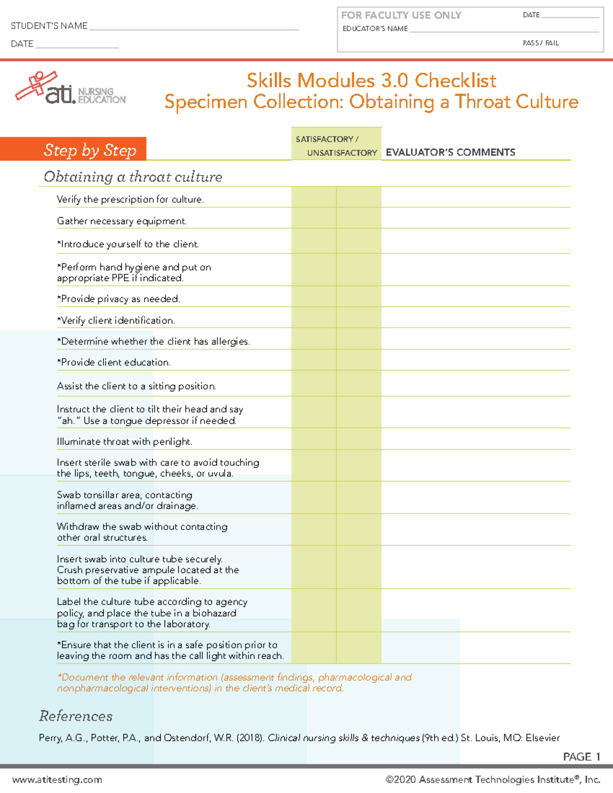 Ati Specimen Collection Obtaining a throat culture checklist - EDUCATOR ...
