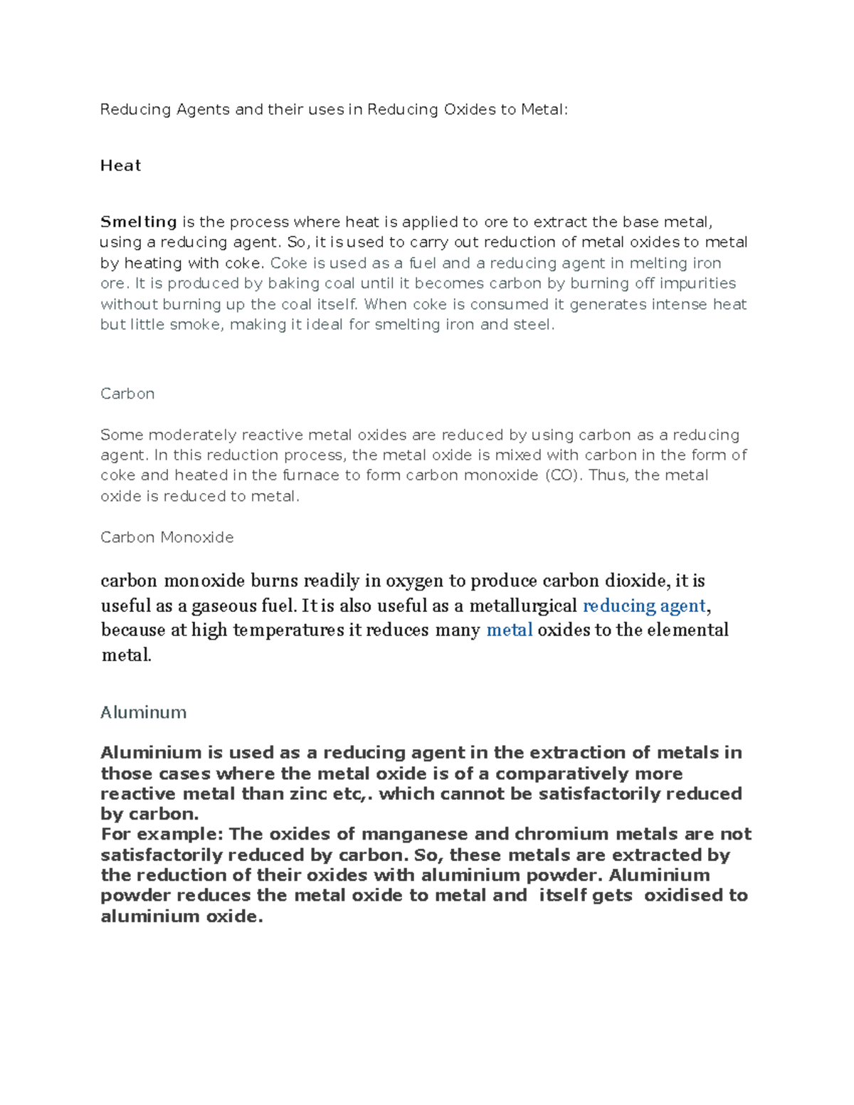 Reducing Agents and their uses in Reducing Oxides to Metal - Reducing ...