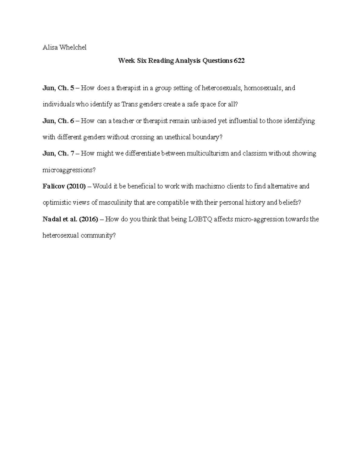 Week Six reading analysis questions 622 - Alisa Whelchel Week Six ...