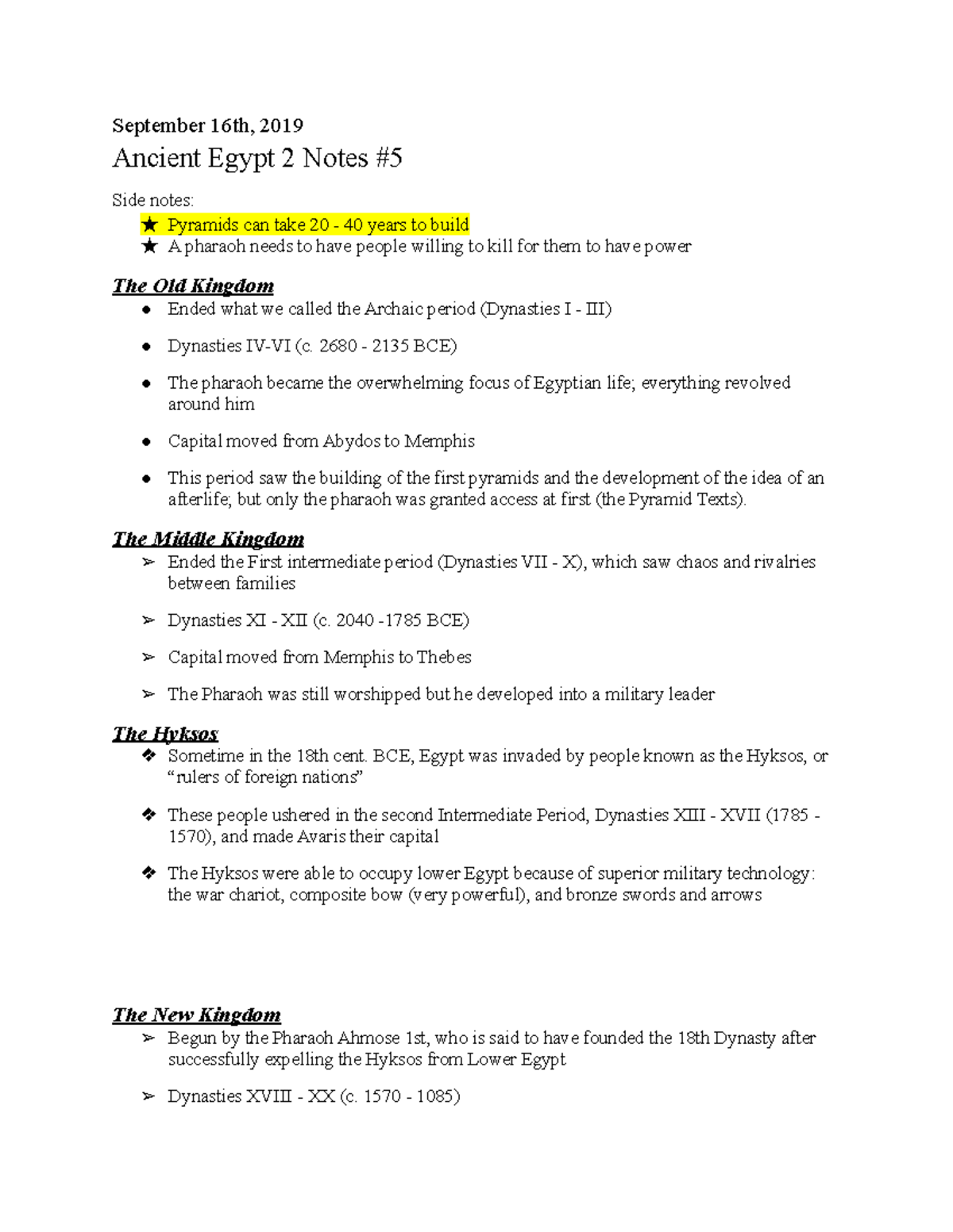 Ancient Egypt 2 - September 16th, 2019 Ancient Egypt 2 Notes Side notes ...