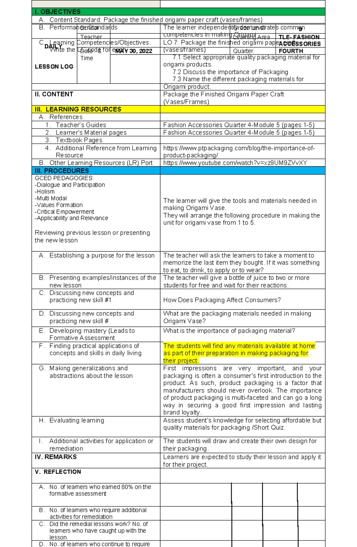 Scribd - origami lesson - DAILY LESSON LOG School Grade Level 9 Teacher ...