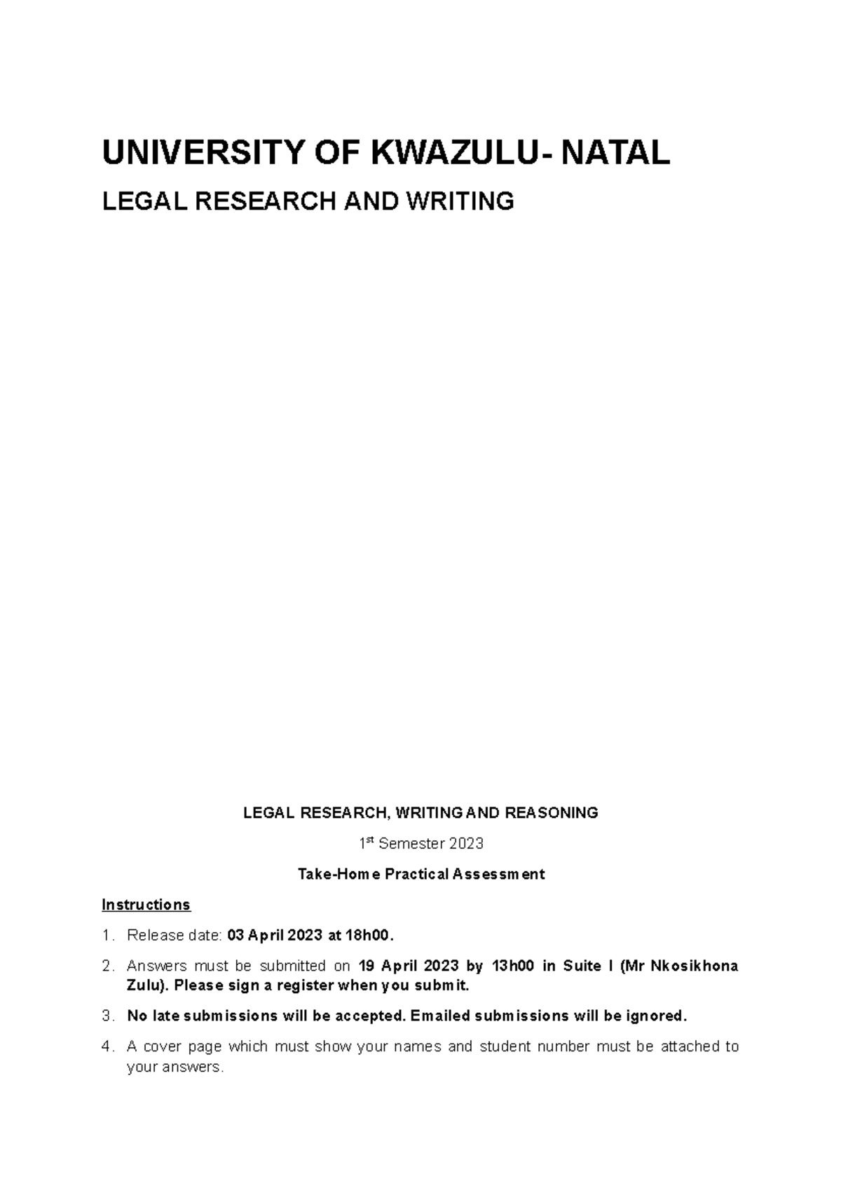 Practical Assessment 1 -legal research - UNIVERSITY OF KWAZULU- NATAL ...