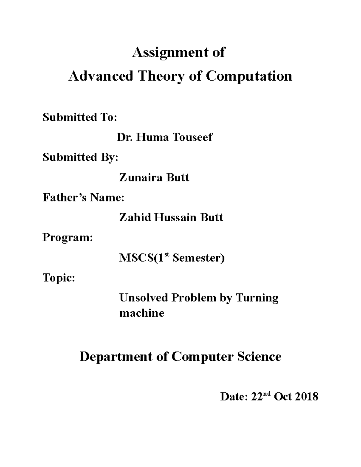 Unsolvable Problems by Turing Machines - Assignment of Advanced Theory of Computation Submitted ...