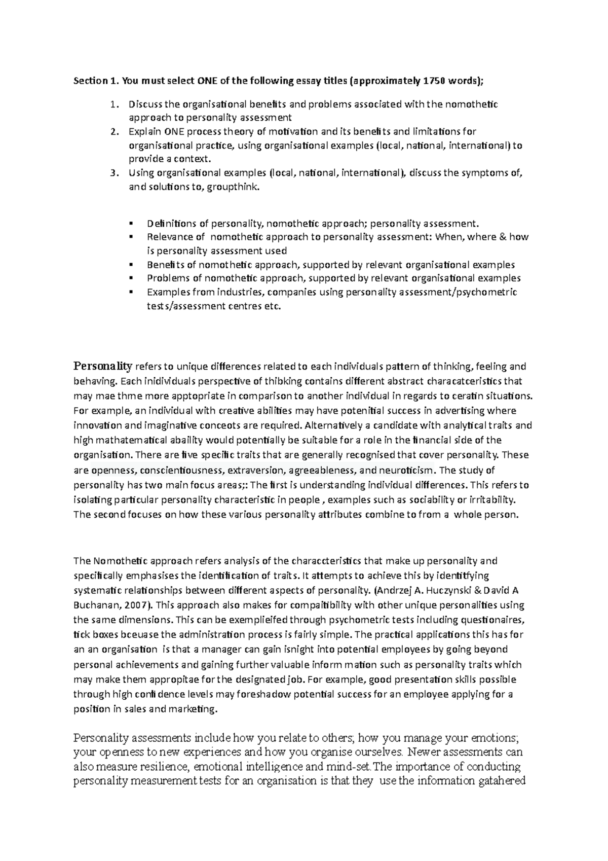 UMP Assignment - Grade: first - Section 1. You must select ONE of the ...