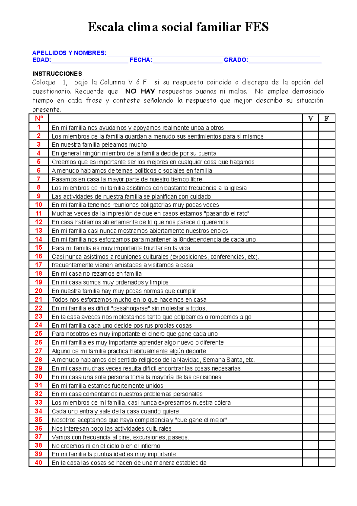 Cuestionario FES - Escala clima social familiar FES APELLIDOS Y - Studocu