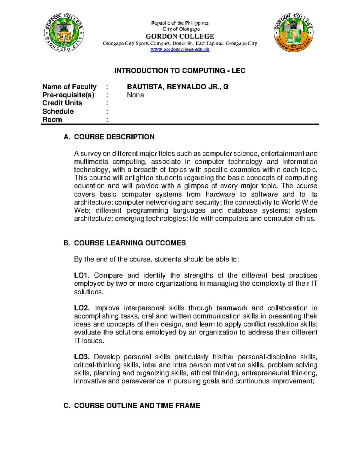 Introduction To Computing Syllabus LEC - City of Olongapo GORDON COLLEGE Olongapo City Sports ...