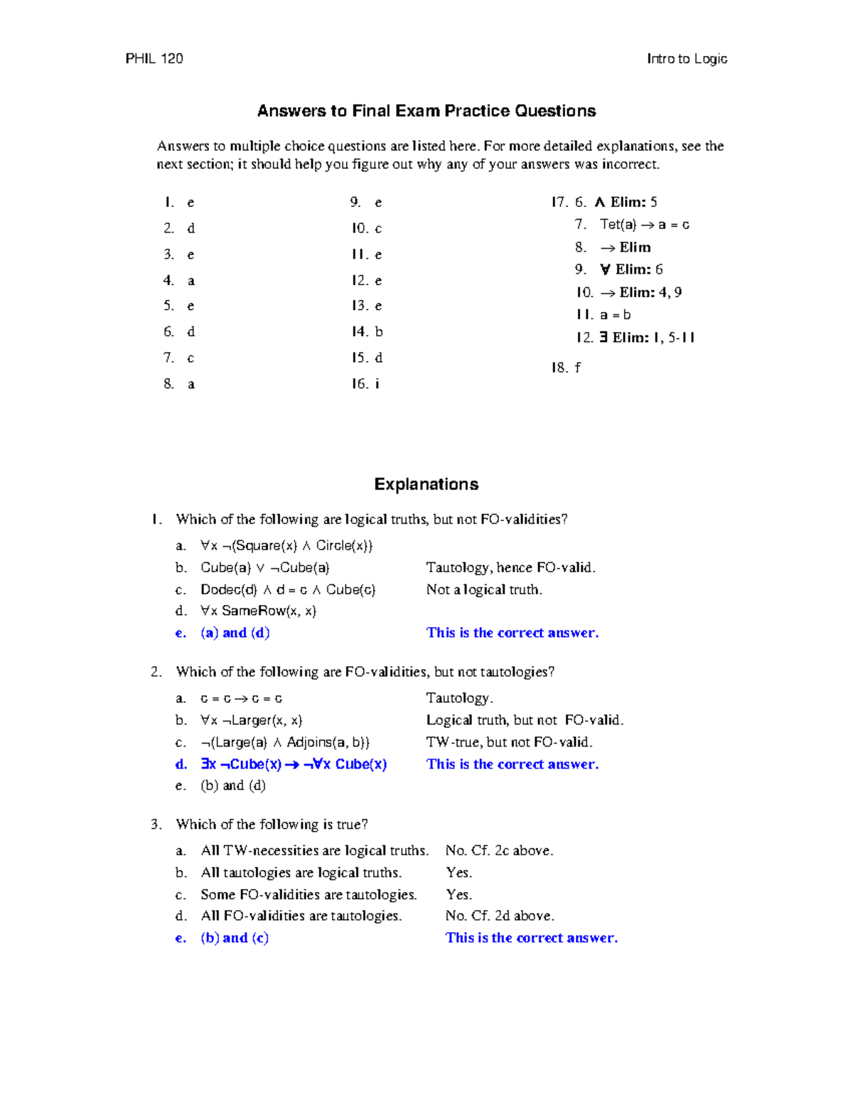 Final Practice Answers - PHIL 120 Intro to Logic Answers to Final Exam ...