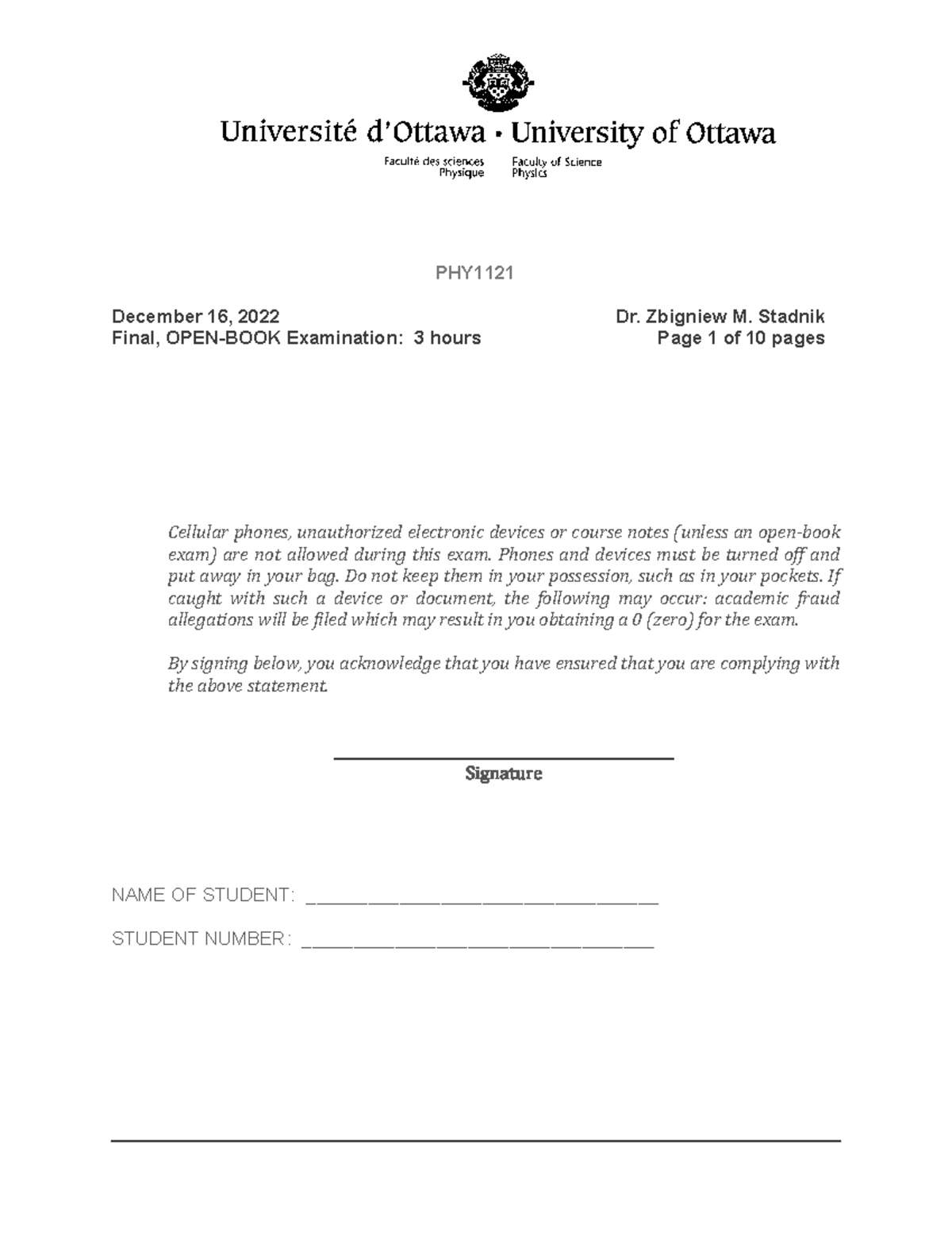 PHY1121 - Zbigniew Stadnik - Final Exam - Fall 2023 - PHY December 16 ...