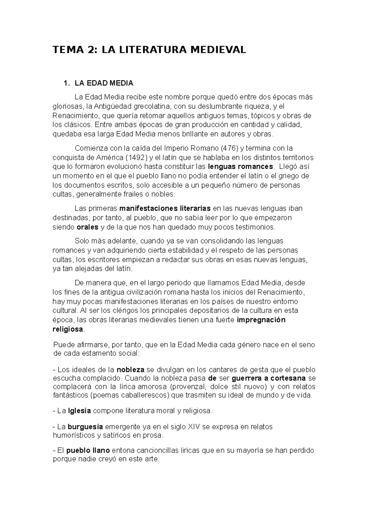 1. LA EDAD Media - espero que os ayude - TEMA 2: LA LITERATURA MEDIEVAL ...