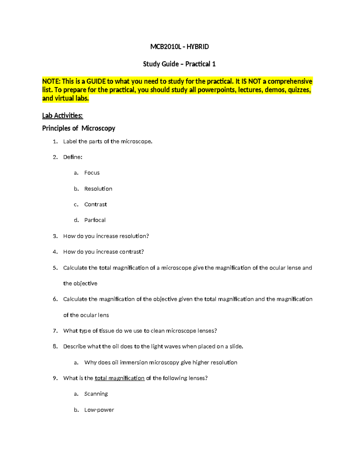 Microbiology Practical 1 Study Guide - MCB2010L - HYBRID Study Guide ...