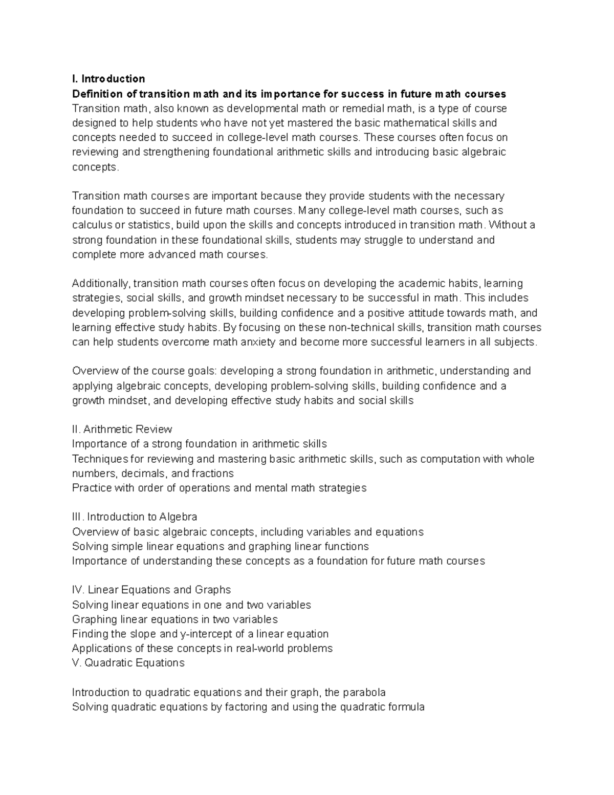 MAT-003 Transition MATH - I. Introduction Definition of transition math ...