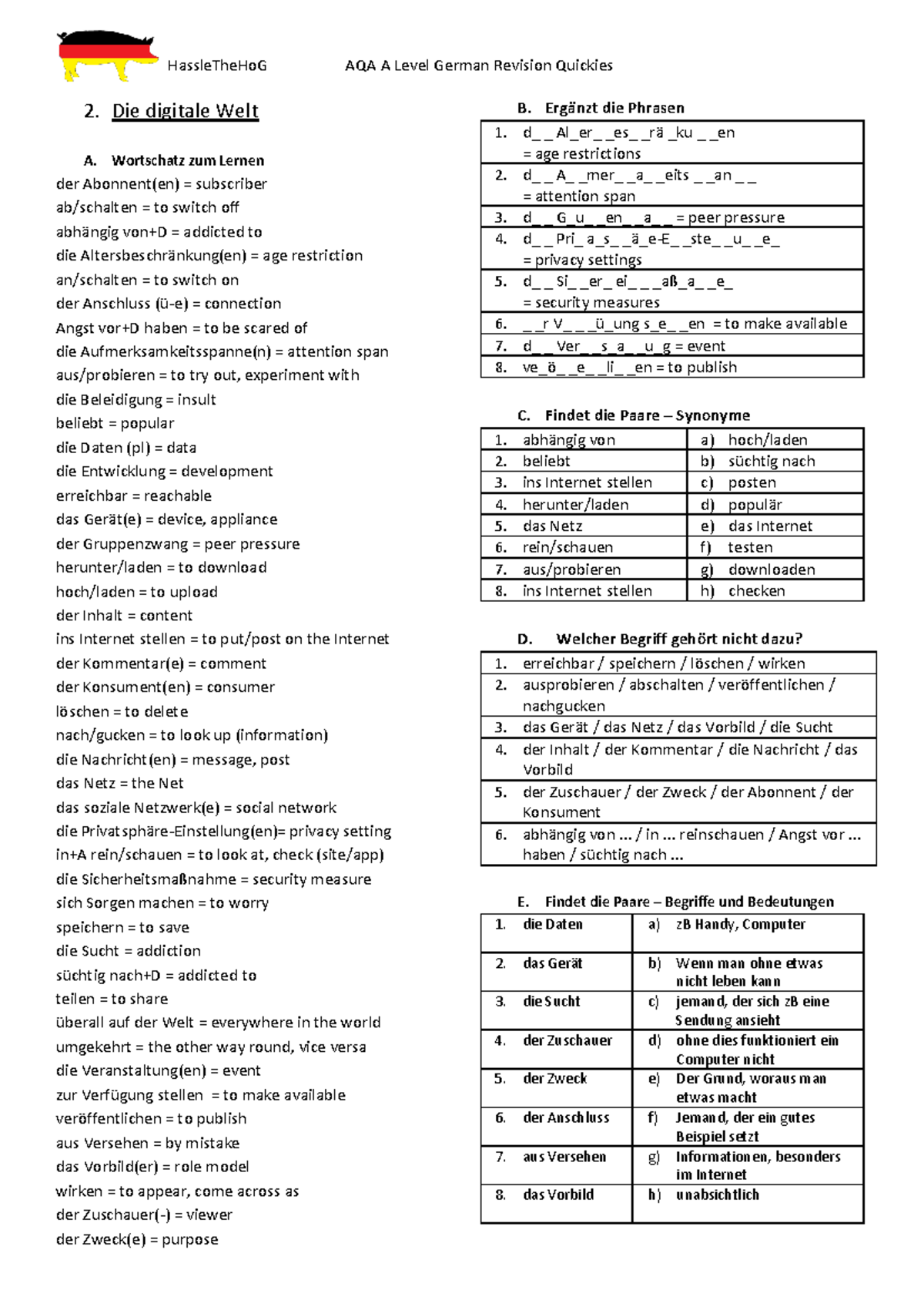 AQA German AS Level Topic 2 Die Digitale Welt - HassleTheHoG AQA A ...