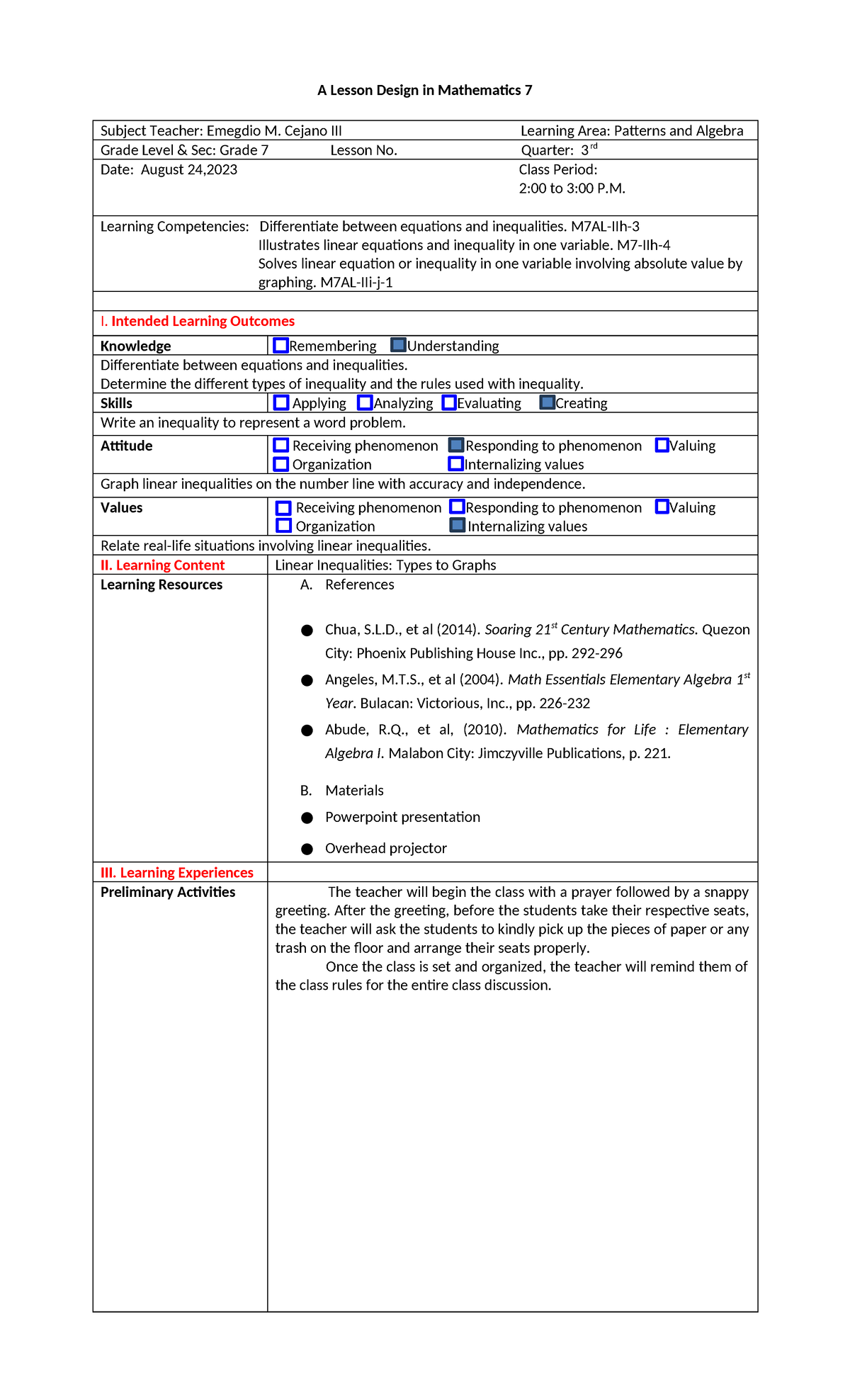 Cejano-LP7 - Lesson plan for grade 7 - A Lesson Design in Mathematics 7 ...