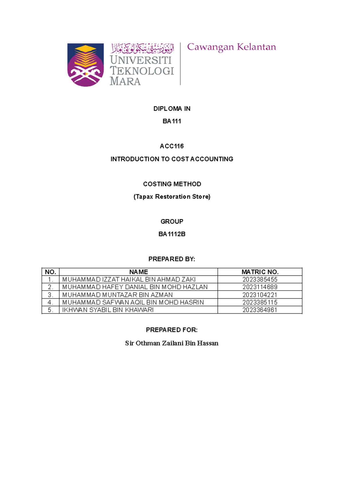 ACC116 Report - DIPLOMA IN BA ACC INTRODUCTION TO COST ACCOUNTING ...
