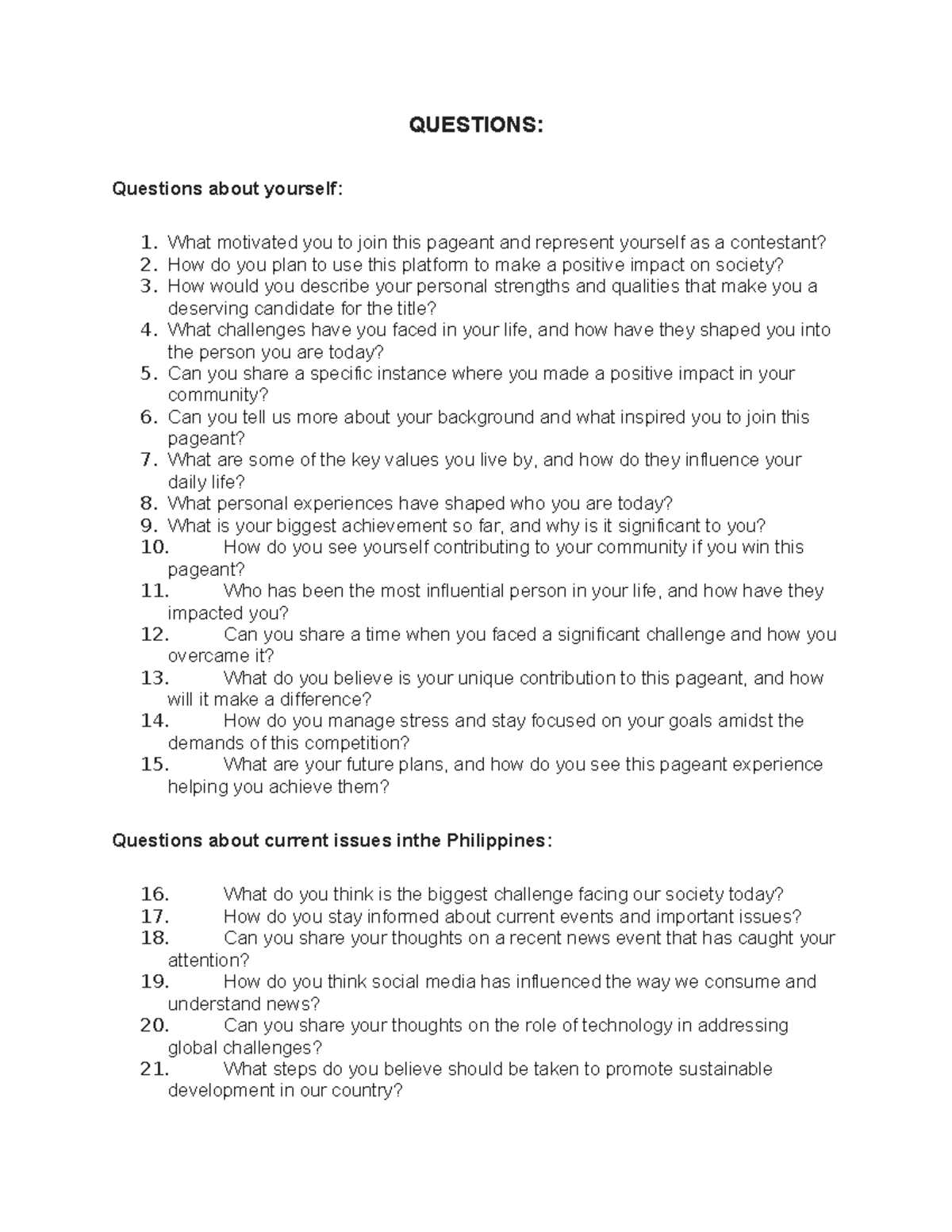 Q and A - questions for pageant - QUESTIONS: Questions about yourself ...