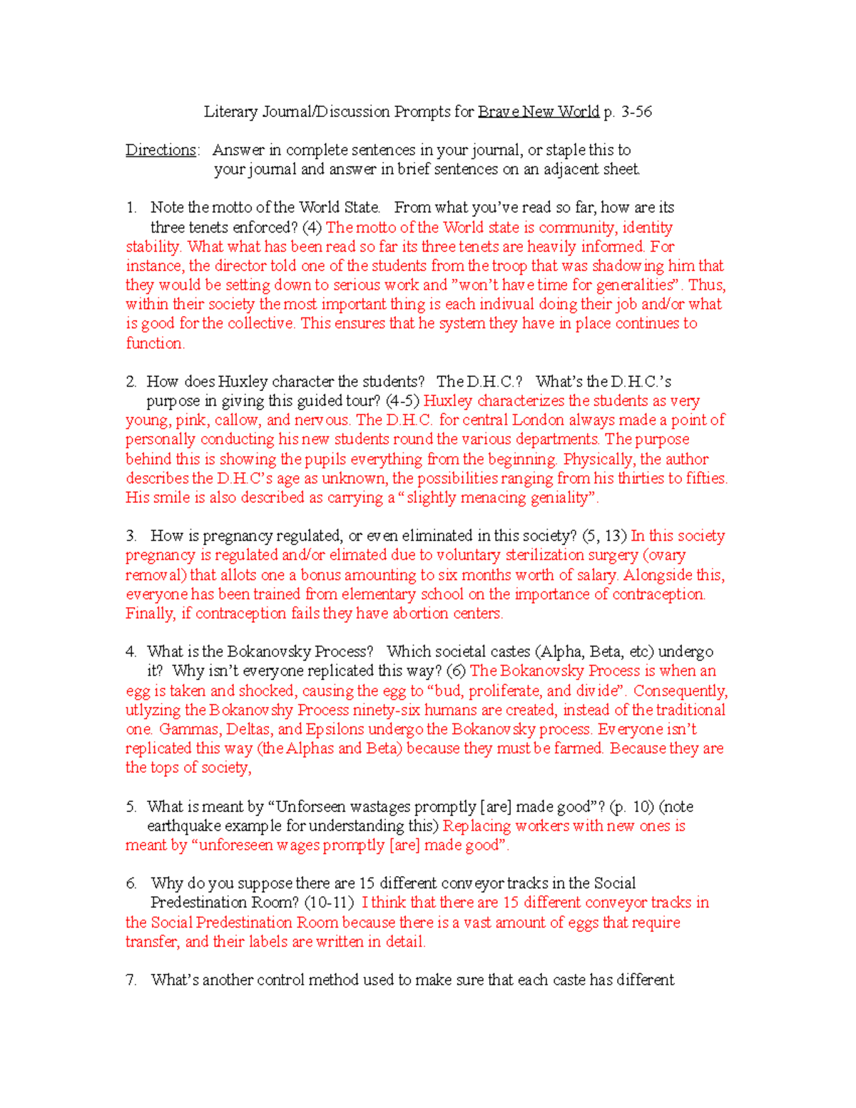 Brave New World pages 3-56 Questions - Literary Journal/Discussion ...