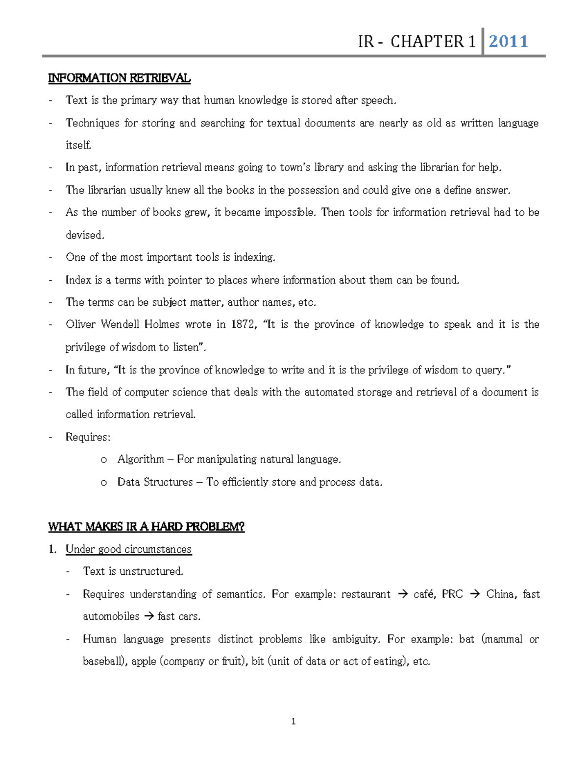 information retrieval -notes - INFORMATION RETRIEVAL Text is the ...