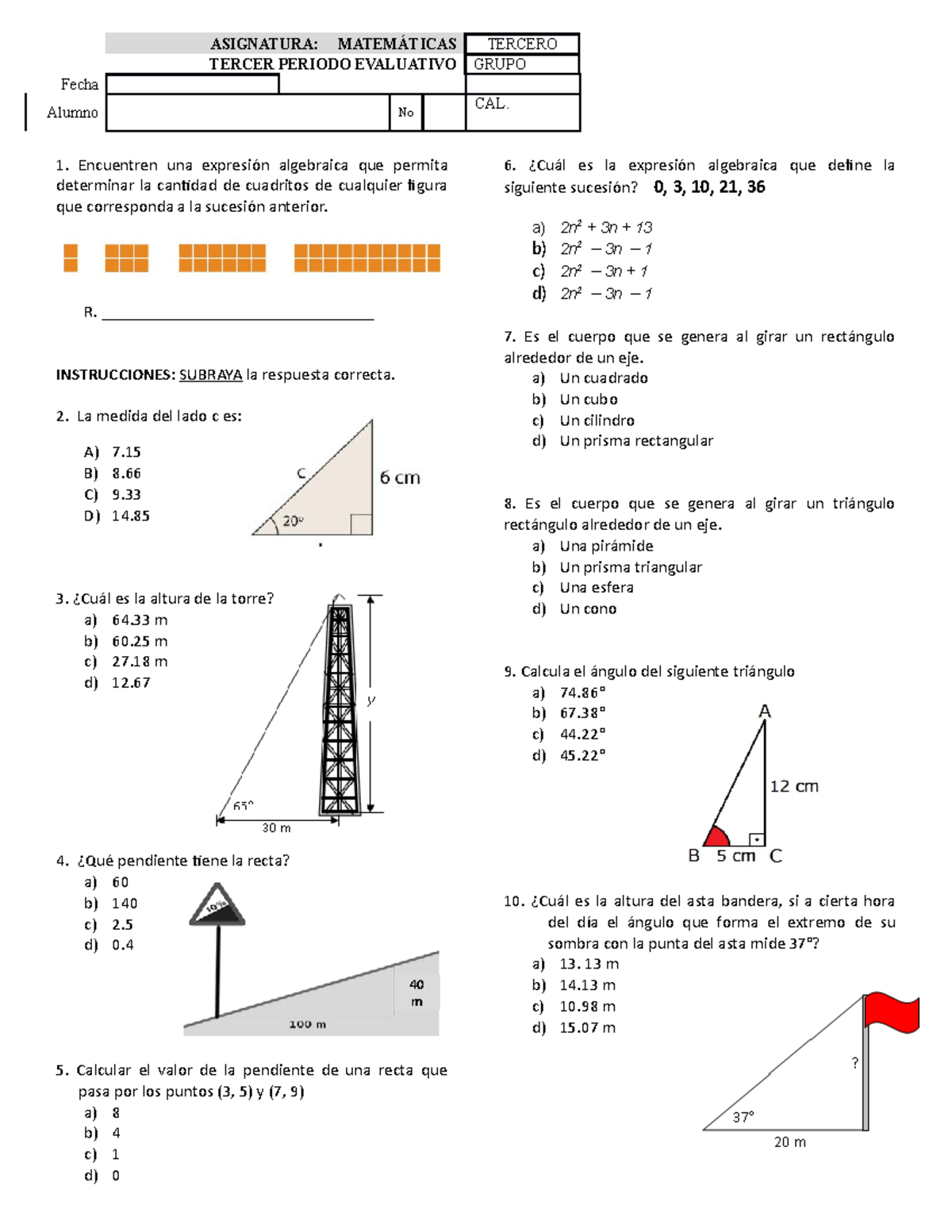 Examen Matemáticas Tercer Grado Tercer Periodo - ASIGNATURA ...