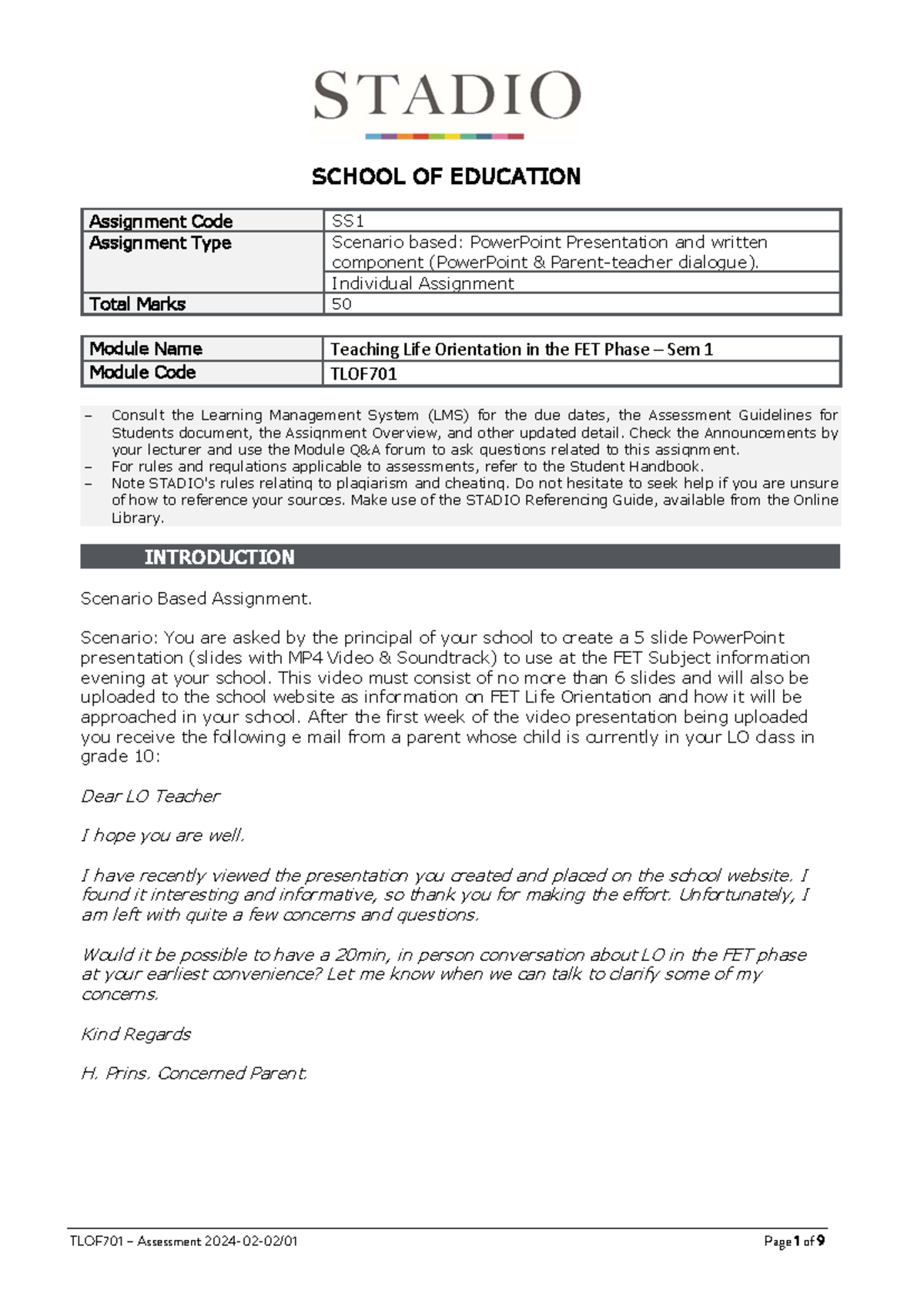 Stadio Assignment Template TLOF701-SS1 2024 - SCHOOL OF EDUCATION ...