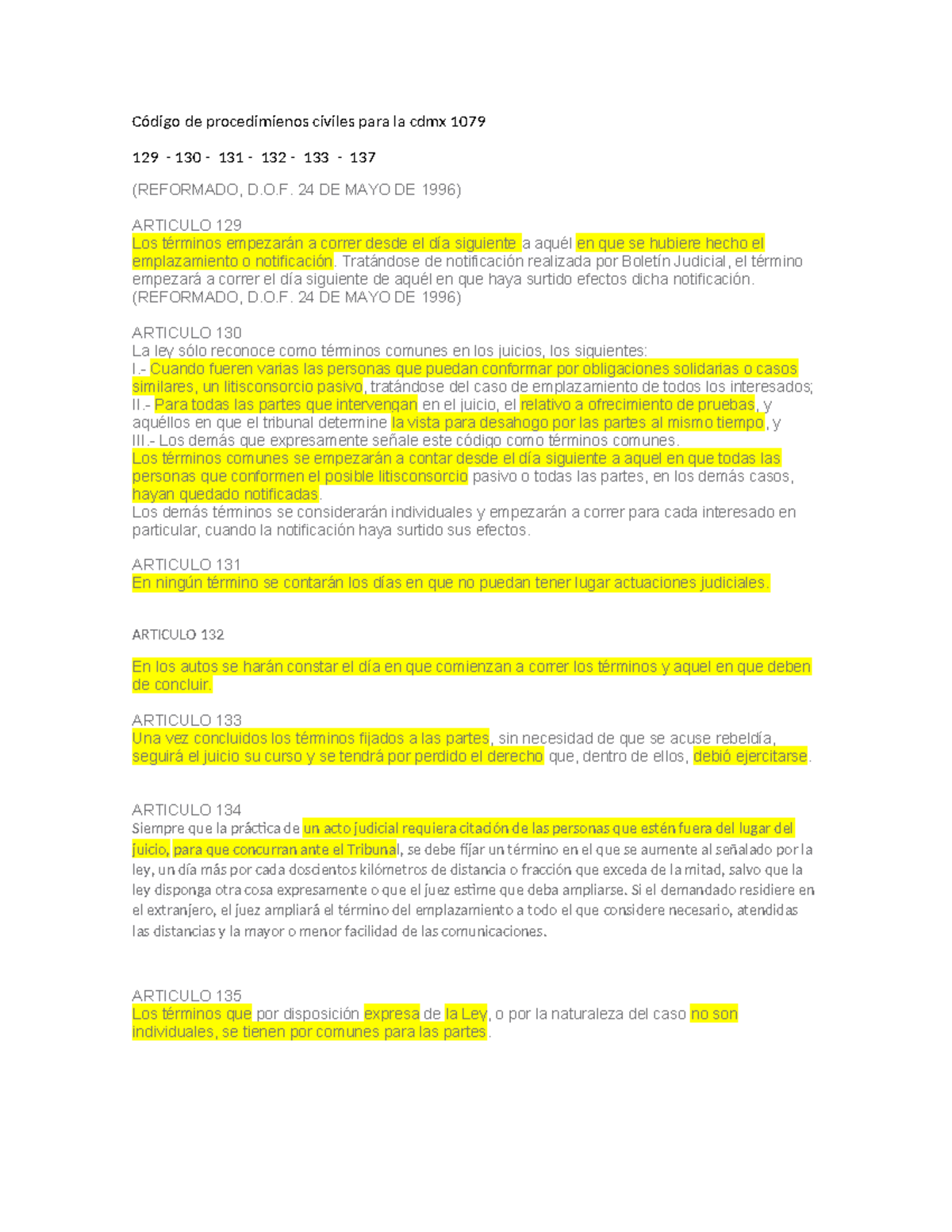 Resumen 129 - 137 codigo procedimentos civiles - Código de ...