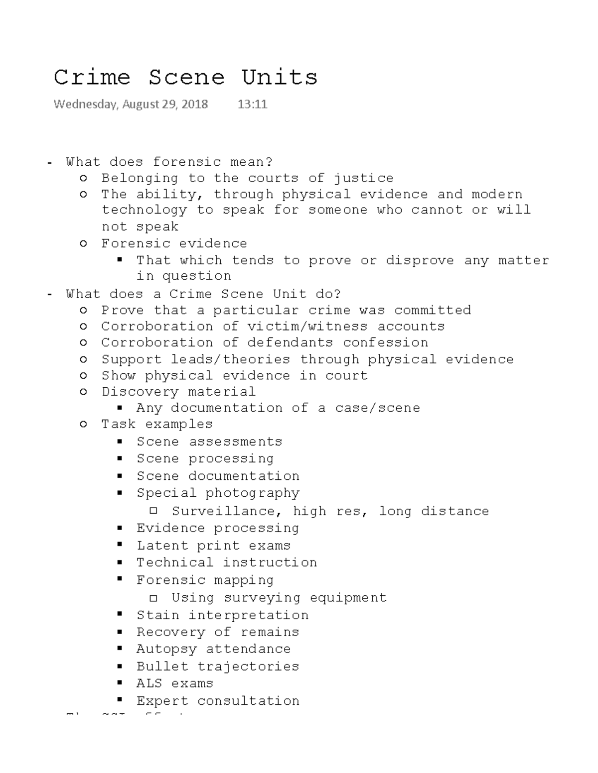 Crime Scene Units - Lecture notes 2 - Crime Scene Units Wednesday ...