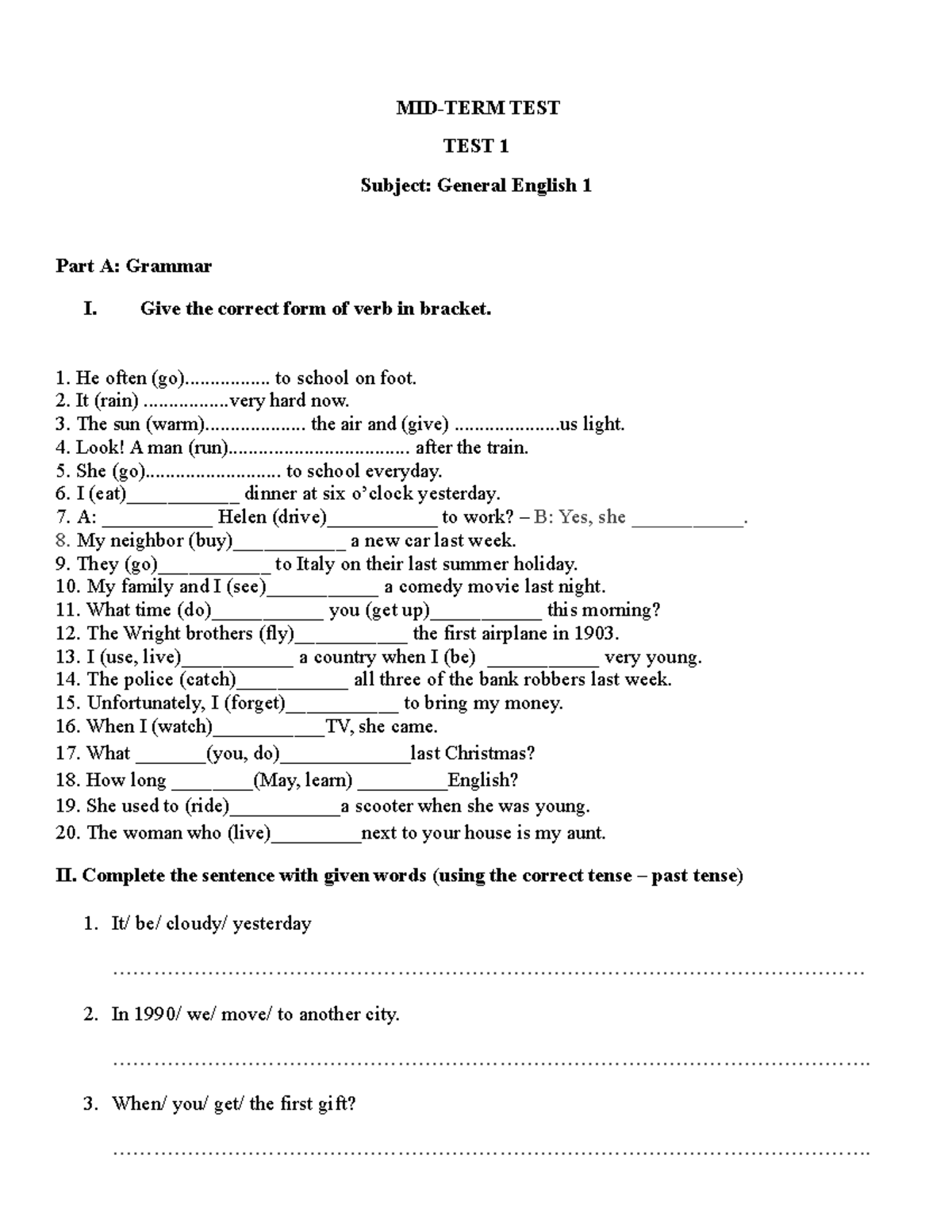 Midterm TEST Grammar Reading - MID-TERM TEST TEST 1 Subject: General ...