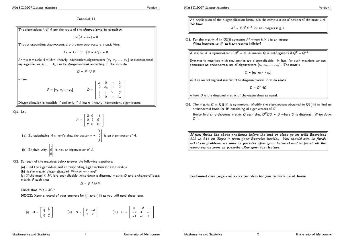 Tutorial work - Week 10 and 11 questions - Linear Algebra Version 1 ...