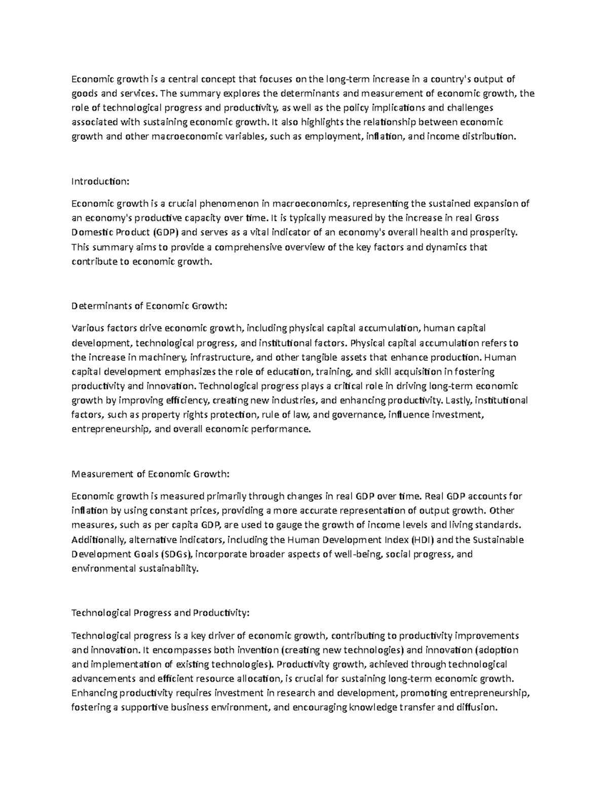 Economic Growth Summary - Economic growth is a central concept that ...