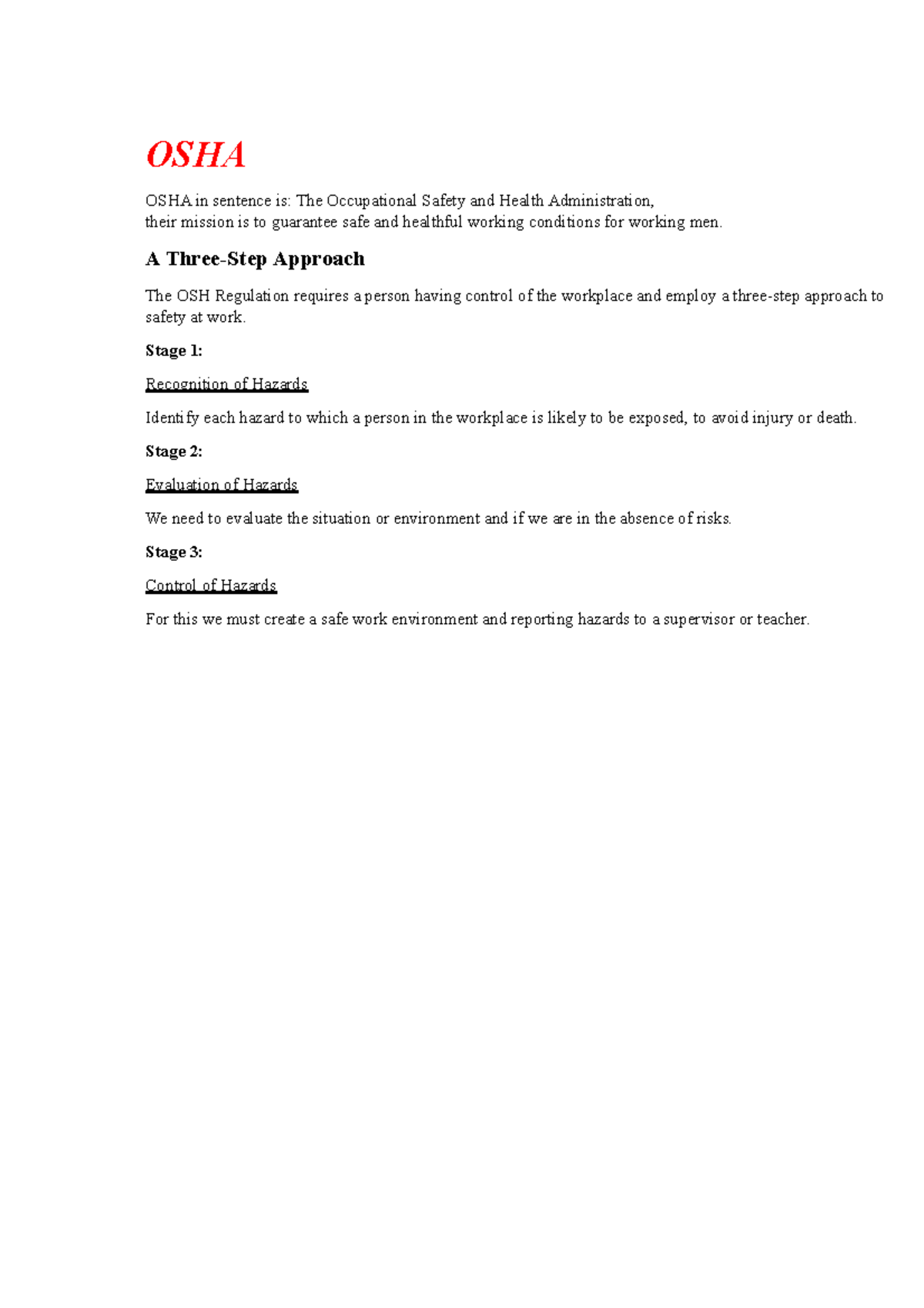 OSHA - Riassunto del libro di Inglese - OSHA OSHA in sentence is: The ...