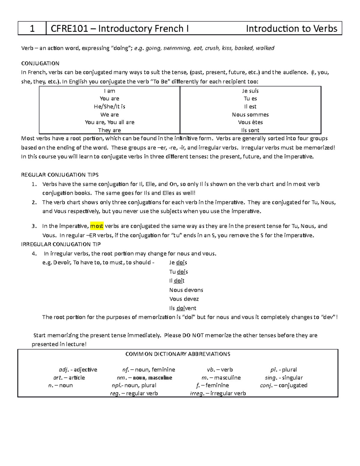 FRE101 - 1 - Intro to Verbs, Verb Chart, Blank Verb Activity - 1 ...