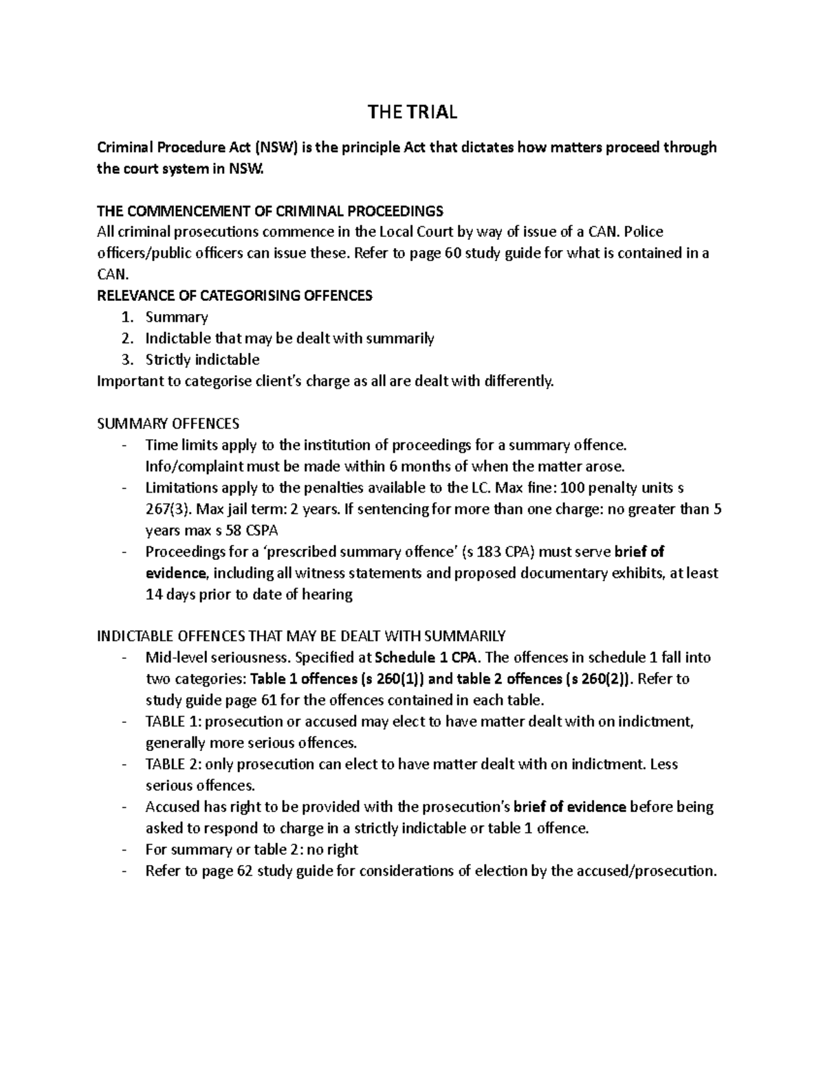 Trial Summary Notes - THE TRIAL Criminal Procedure Act (NSW) is the ...