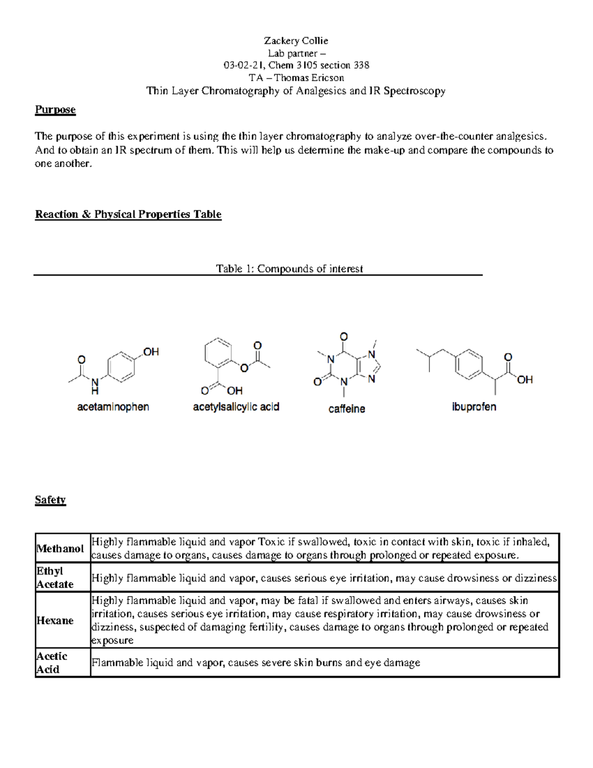 Lab report Ochem - Zackery Collie Lab partner – 03-02-21, Chem 3105 ...