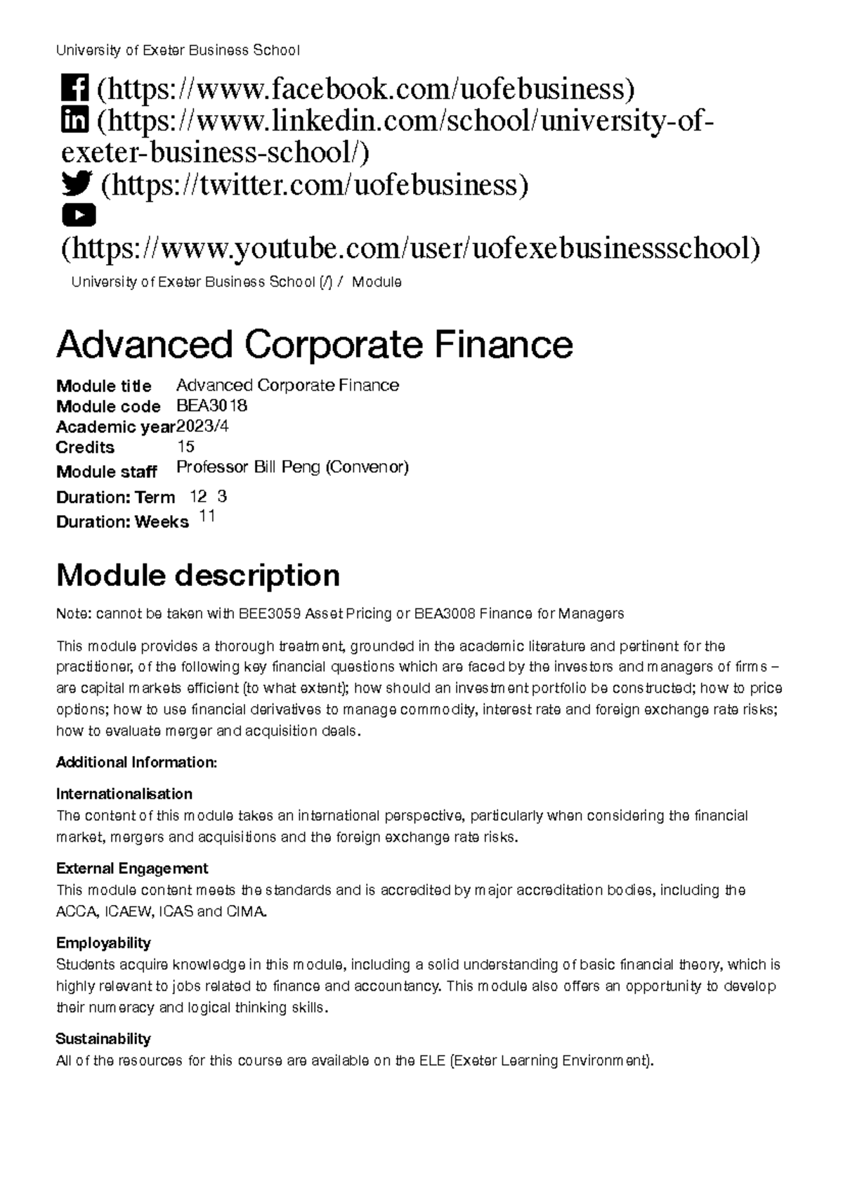 BEA3018 Advanced Corporate Finance Course Outline - University of ...