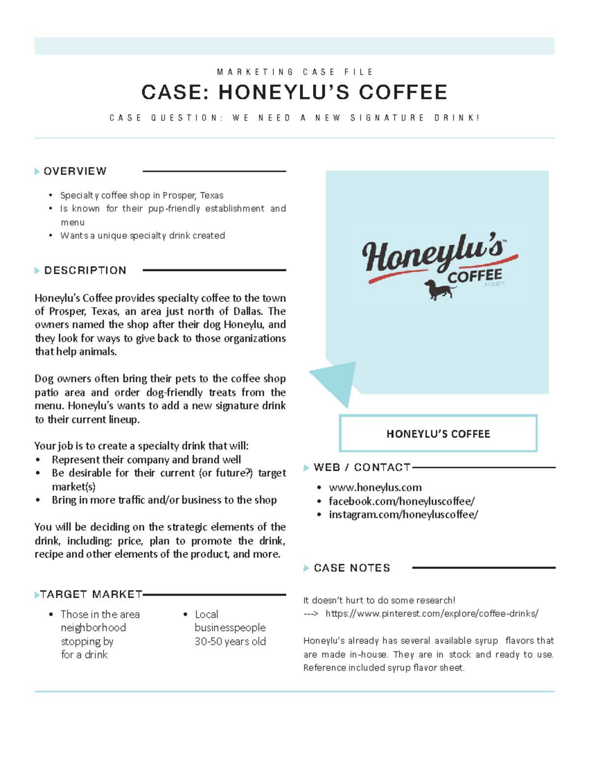 Case File Honeylu's Coffee - M A R K E T I N G C A S E F I L E W E B / C O N TAC T CAS E N OT E ...
