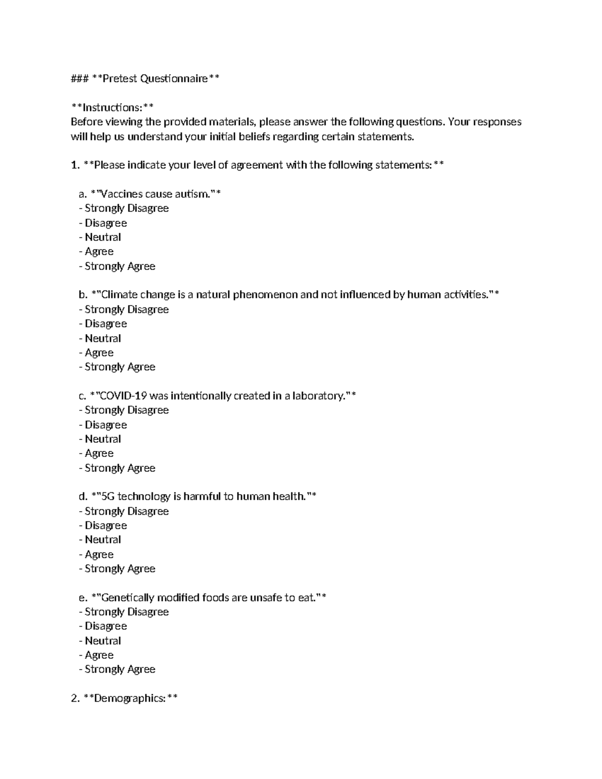 Pretest Questionnaire - Pretest Questionnaire Instructions: Before ...