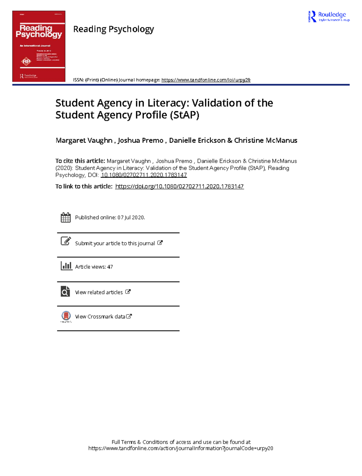 Vaughn-Student agency in literacy: Validation of the student agency ...