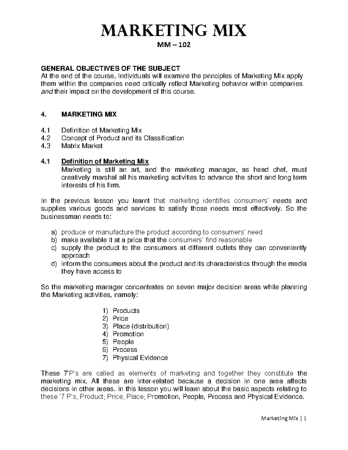 Marketing - 4. MARKETING MIX 4 Definition of Marketing Mix 4 Concept of ...