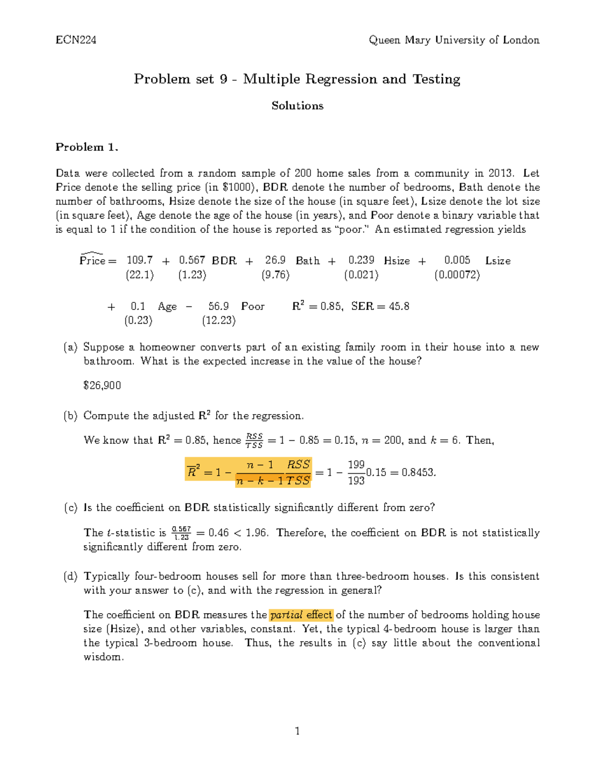 Ps9 solutions econometrics - ECN224 Queen Mary University of London Problem set 9 - Multiple ...