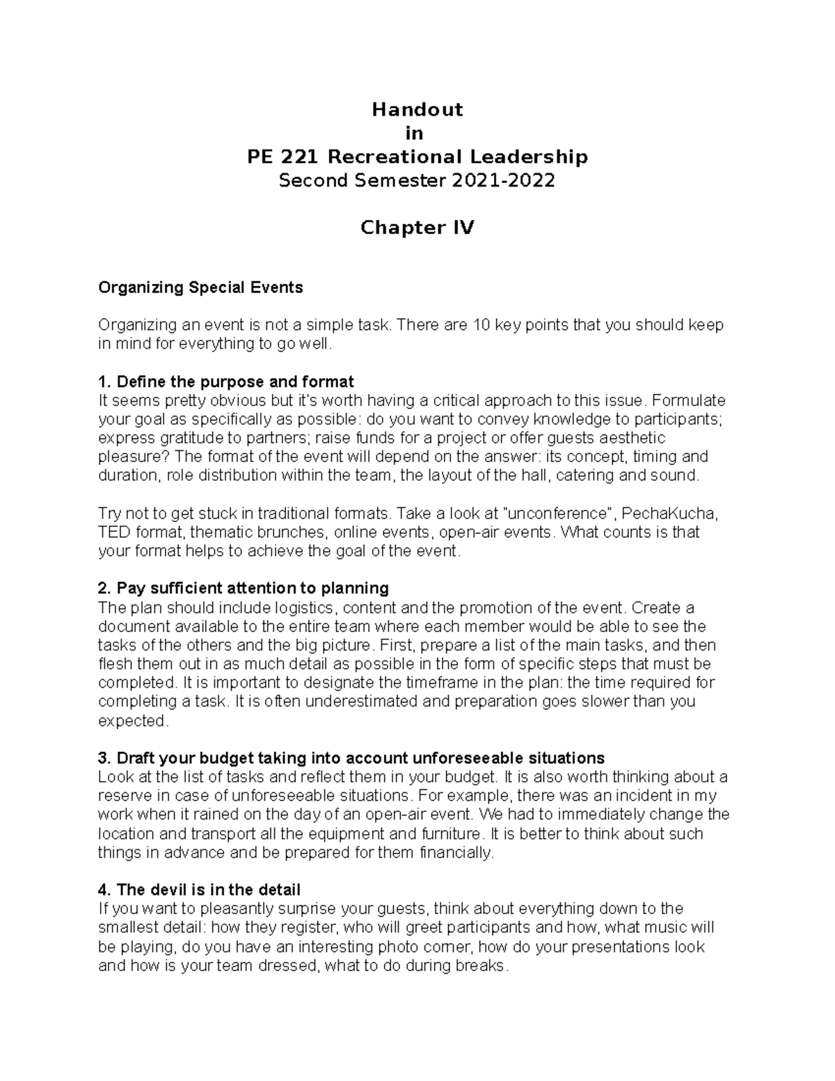 PE 221 Recreational Leadership - Handout in PE 221 Recreational ...