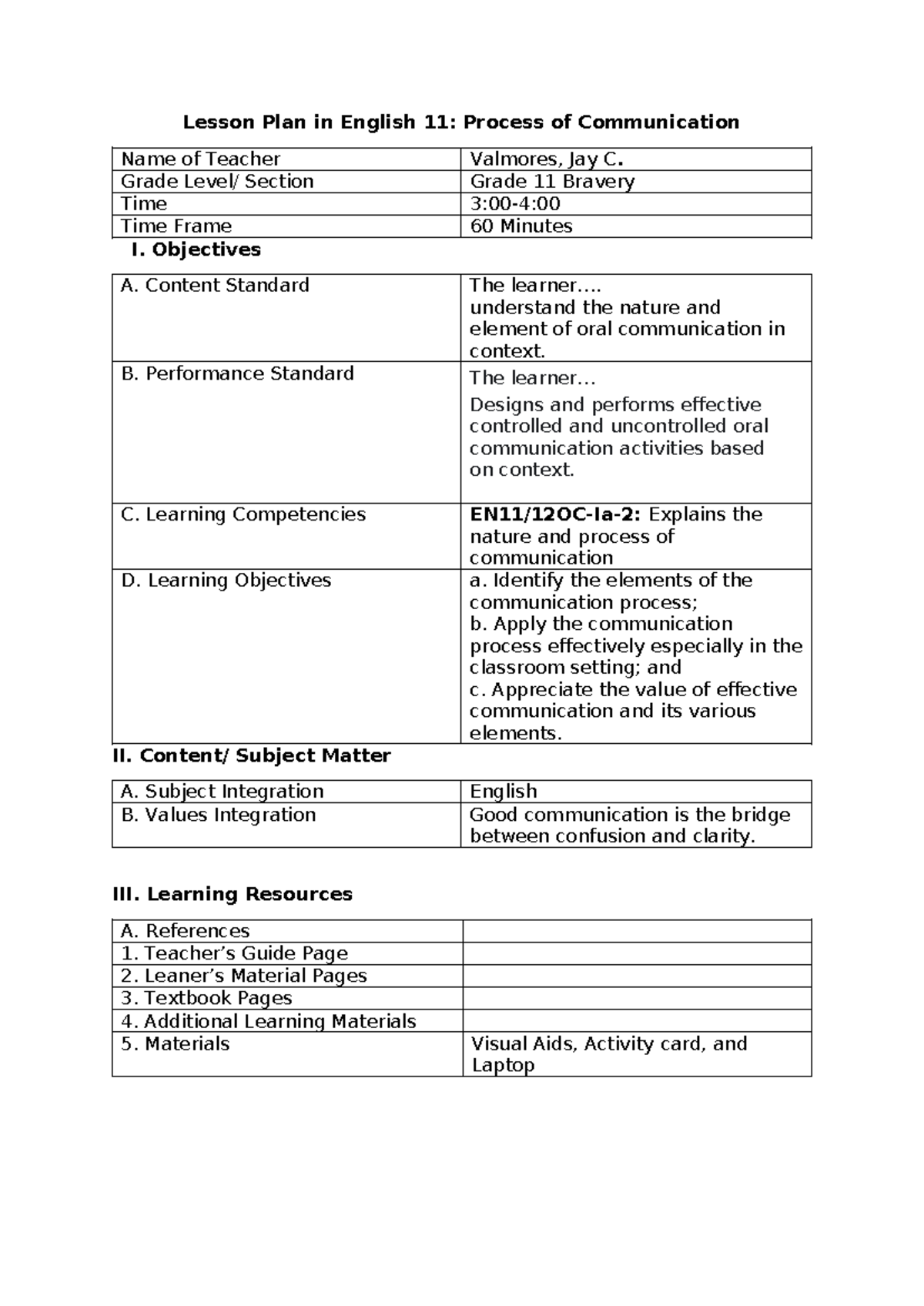 Doc Balabag Demo - DepEd format lesson Plan. - Lesson Plan in English ...