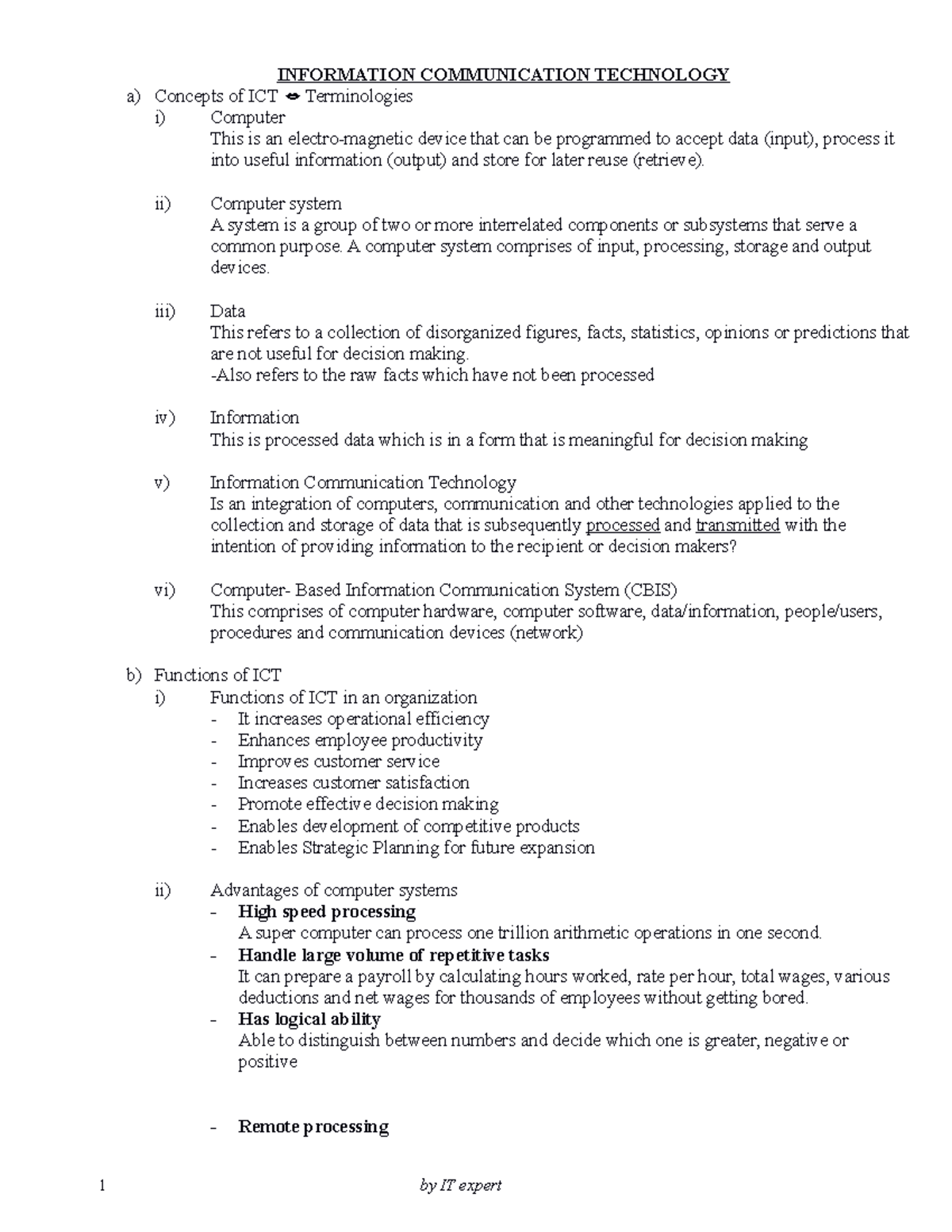 ICT Notes THE BEST - INFORMATION COMMUNICATION TECHNOLOGY a) Concepts ...