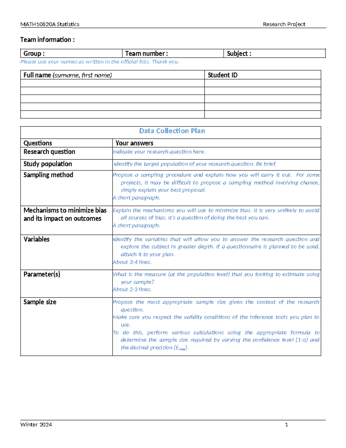 Statistics Project W2024-Data Collection Plan - MATH10620A Statistics ...