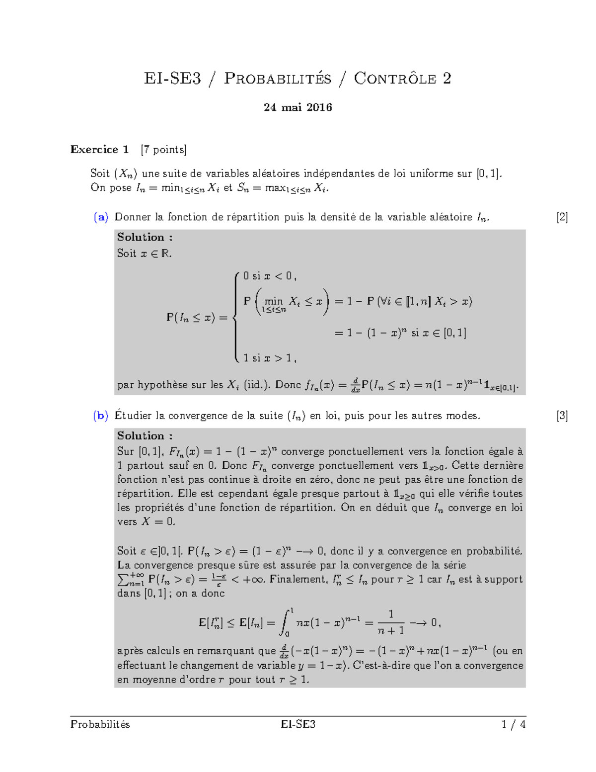Cc2016-2-corr - Aide - EI-SE3 / Probabilit ́es / Contrˆole 2 24 mai 2016 Exercice 1 [7 points ...