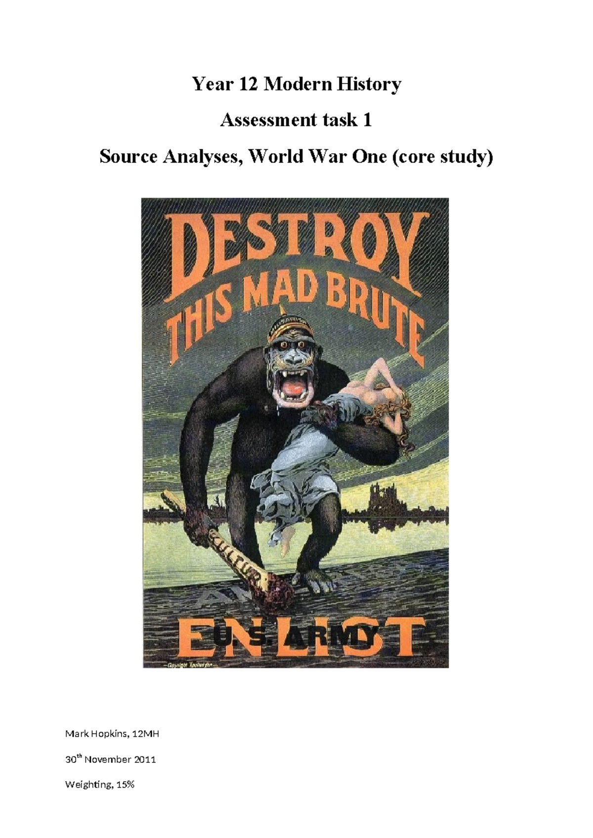 Modern History Resources - Assessment Task - Source Analyses World War ...