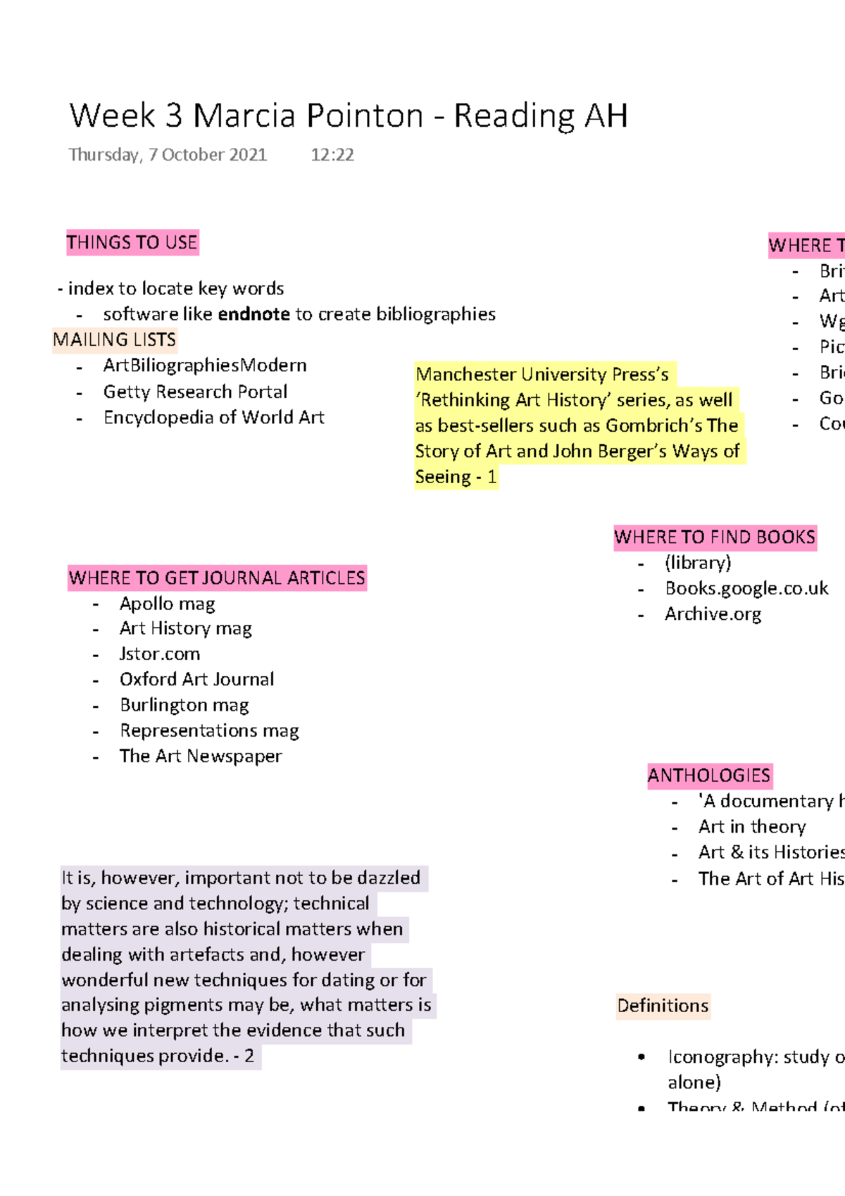 Week 3 Marcia Pointon - Reading AH - index to locate key words software ...