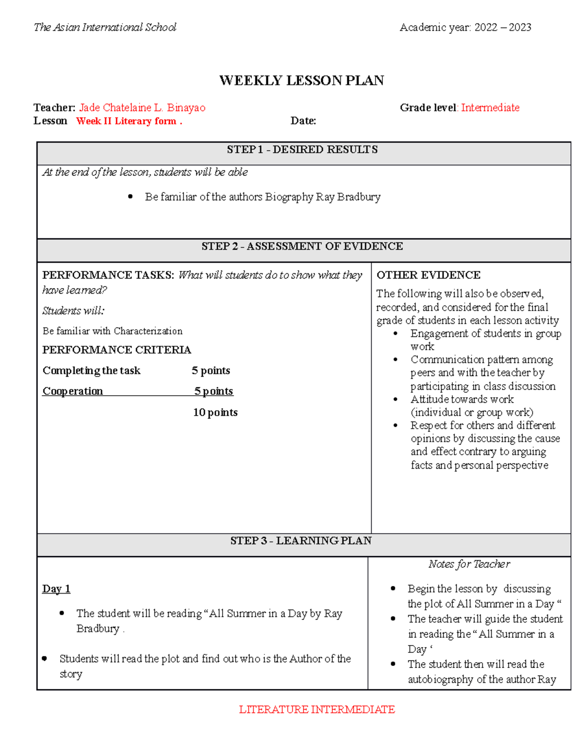 Inter LIT WEEK 12 - lesson plans - The Asian International School ...