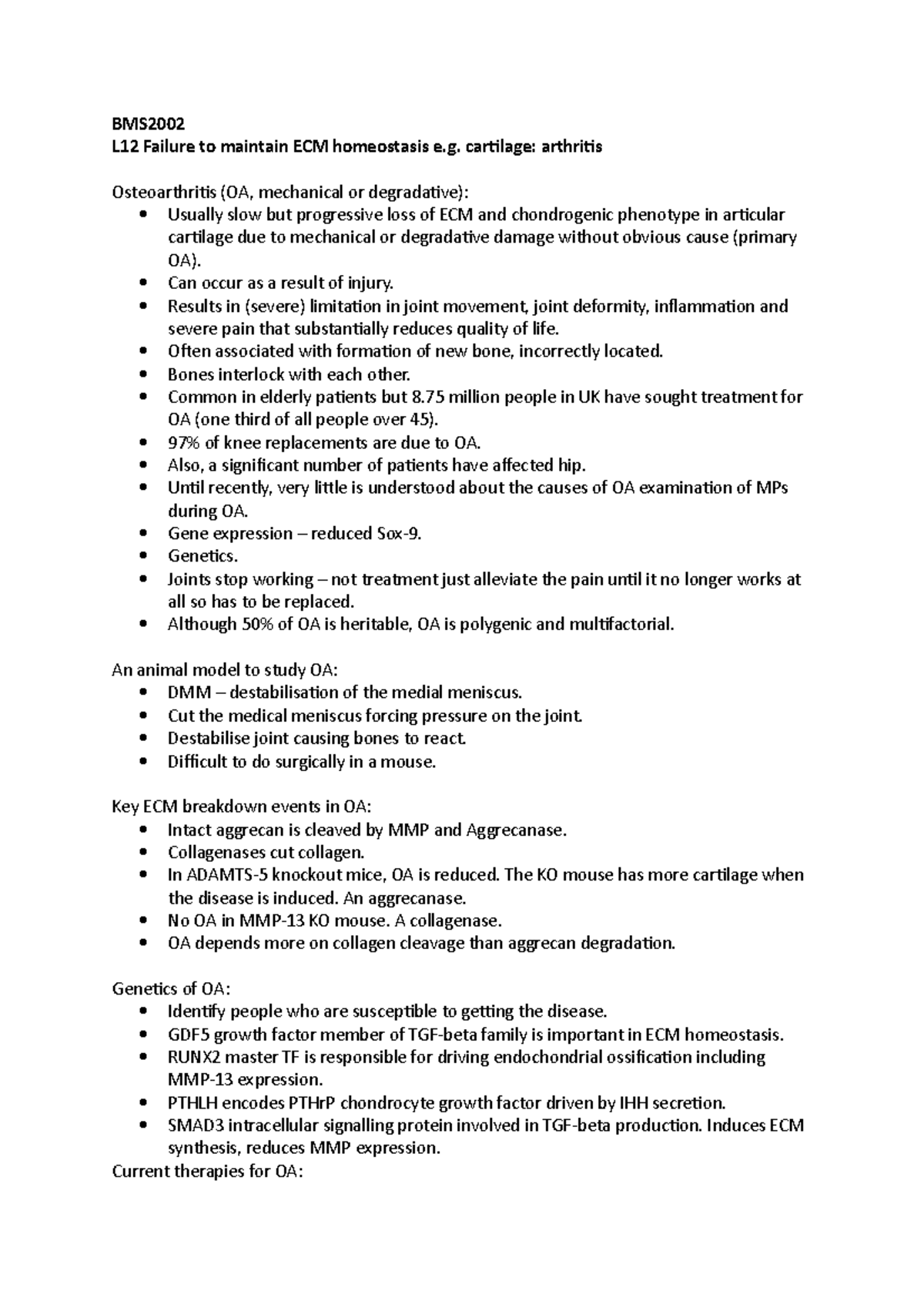 Lecture 12 - Failure to maintain ECM homeostasis e.g. cartilage ...