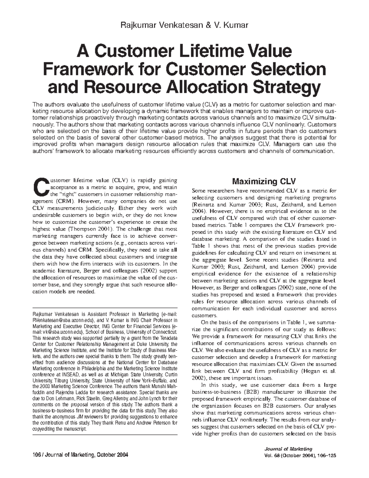 A Customer Lifetime Value Framework for Customer Selection and Resource ...