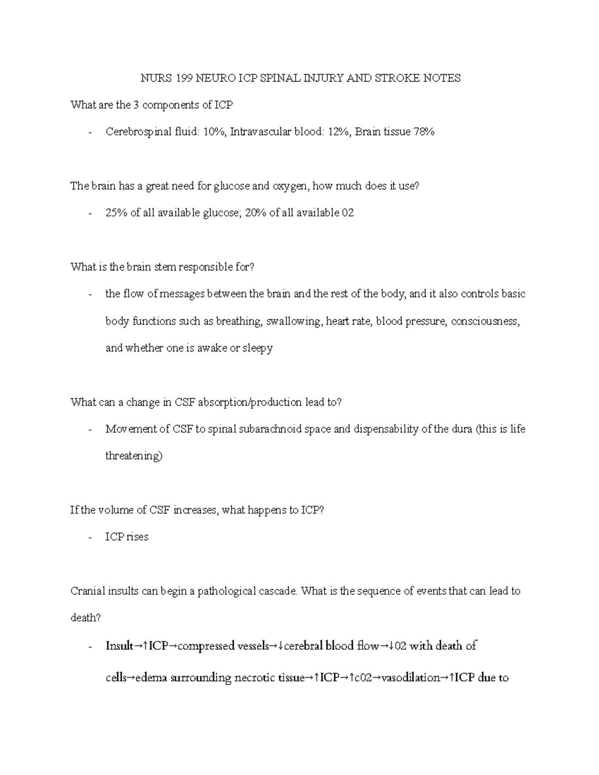 NURS 199 Neuro ICP Spinal Injury AND Stroke Notes - NURS 199 NEURO ICP ...